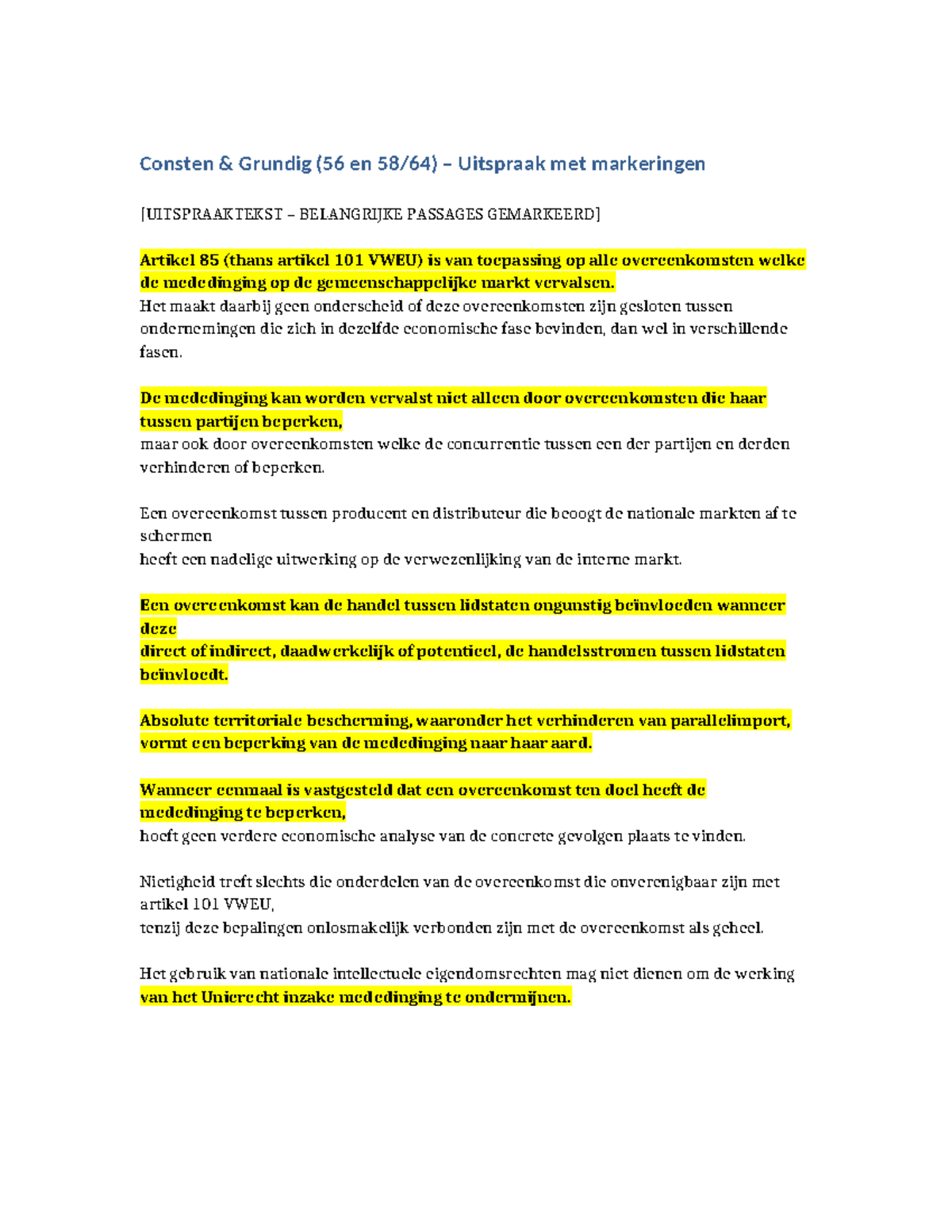 Consten Grundig: Belangrijke Passages en Artikel 101 VWEU Markeringen ...