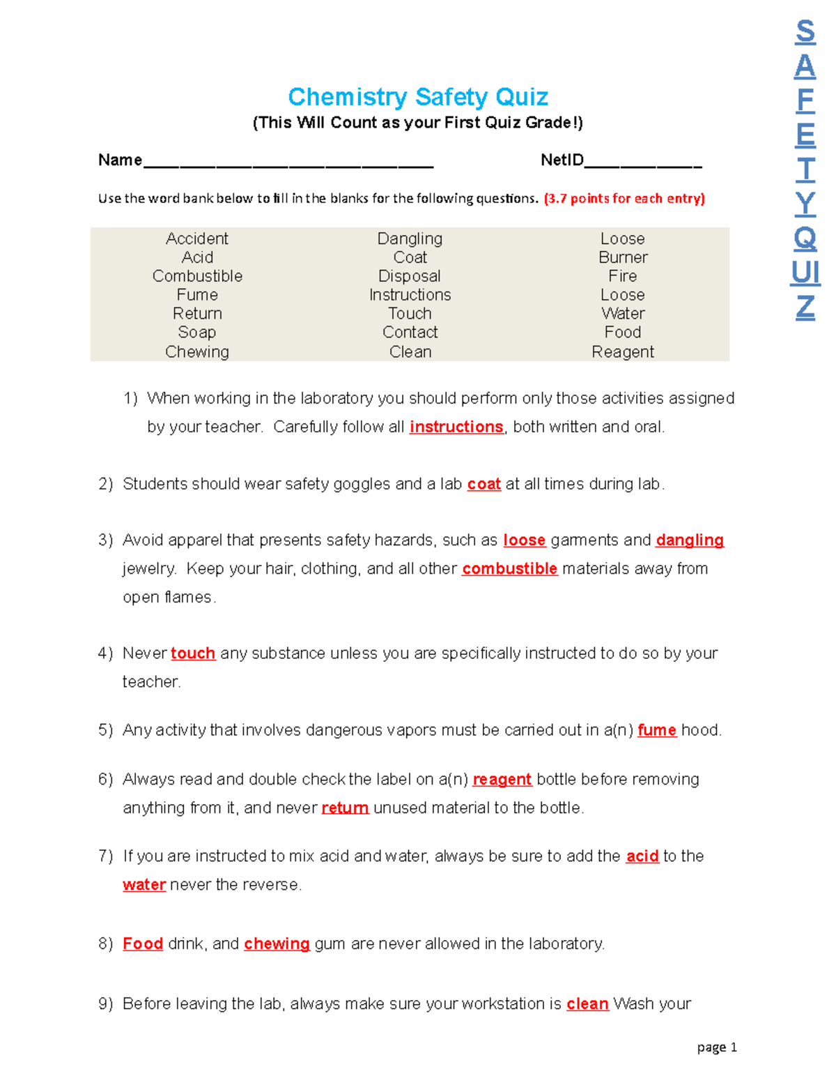 CH 1211 Lab Safety Quiz and Answer Key - Studocu