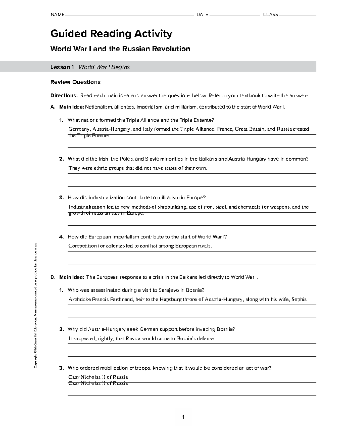 Guided Reading WS 9: World War I & Russian Revolution Insights - Studocu
