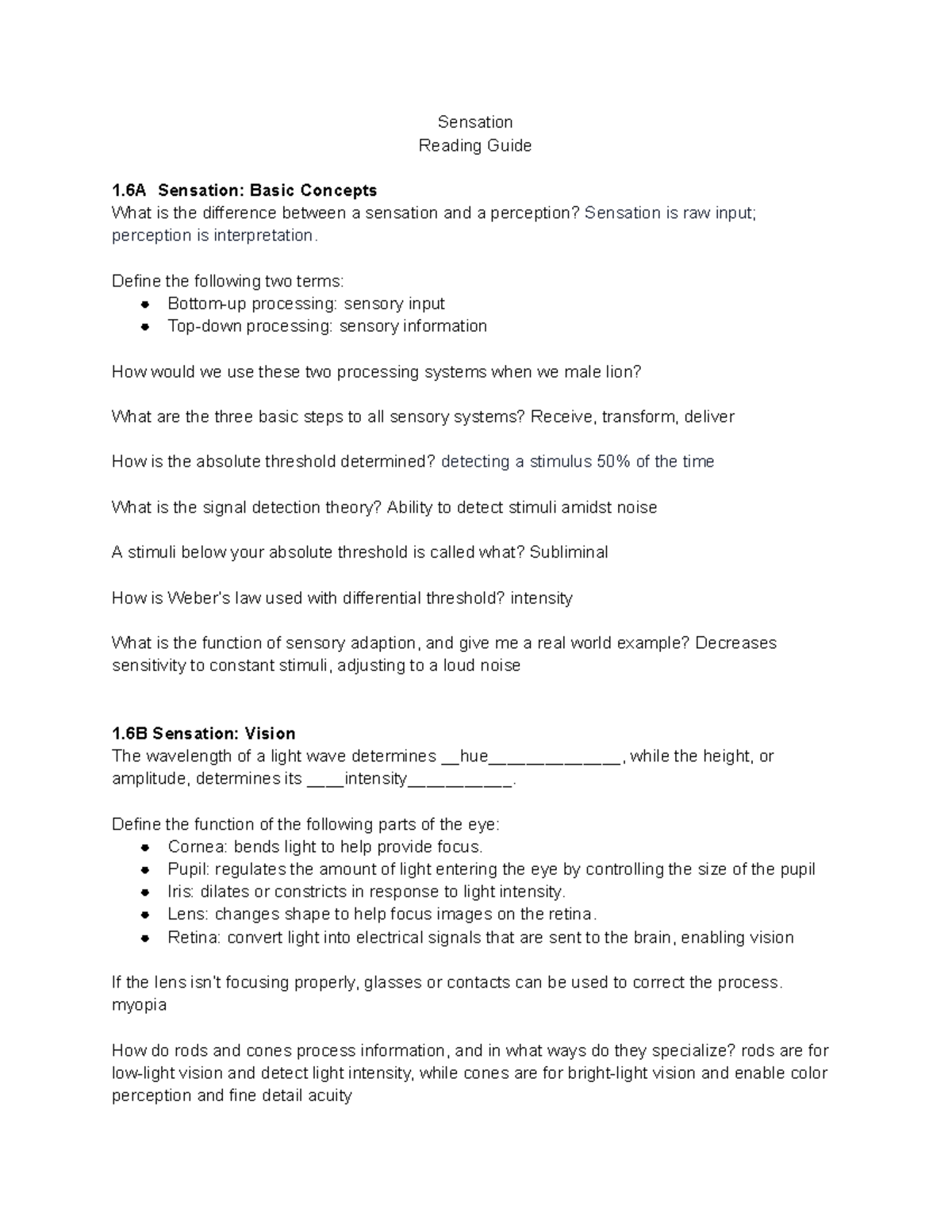 Sensation Reading Guide 1.6A: Key Concepts in Sensory Processes - Studocu