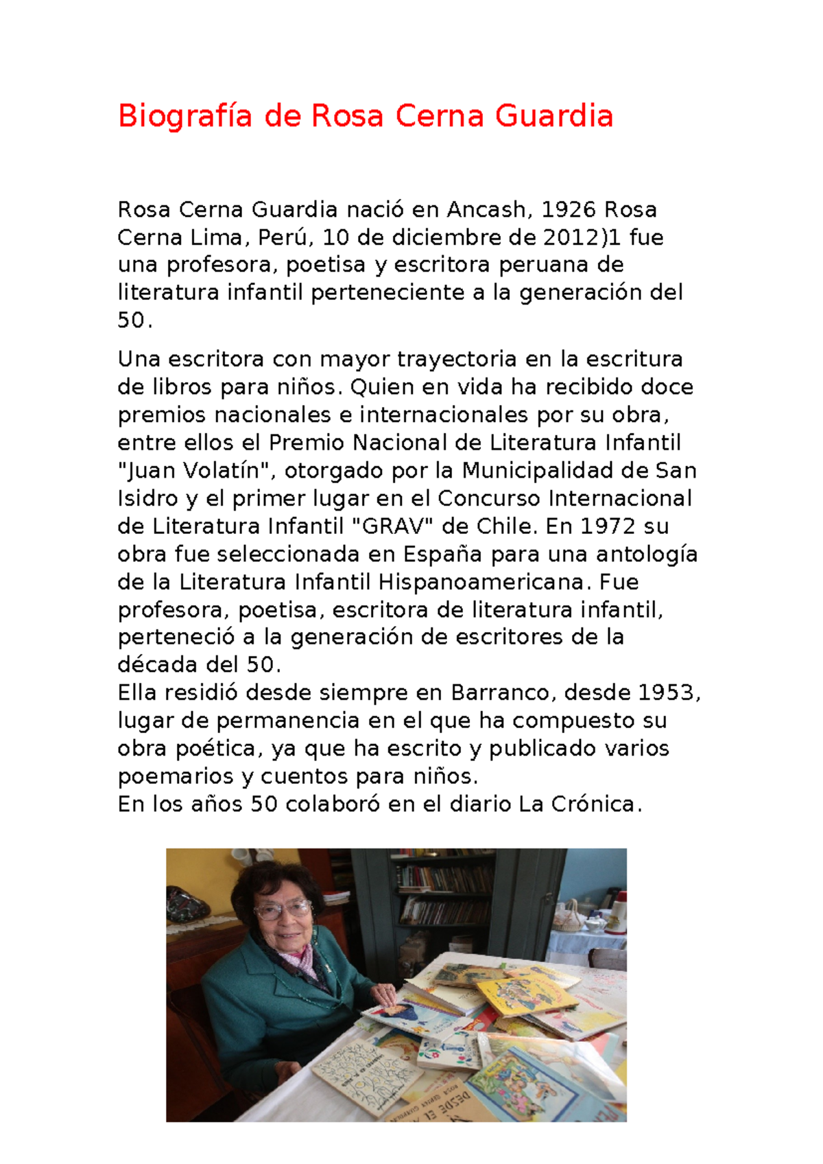 Biografía de Rosa Cerna Guardia: Escritora Infantil Peruana - Studocu
