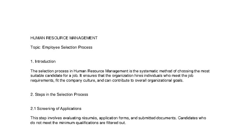 HRM 101: Employee Selection Process Overview and Steps - Studocu