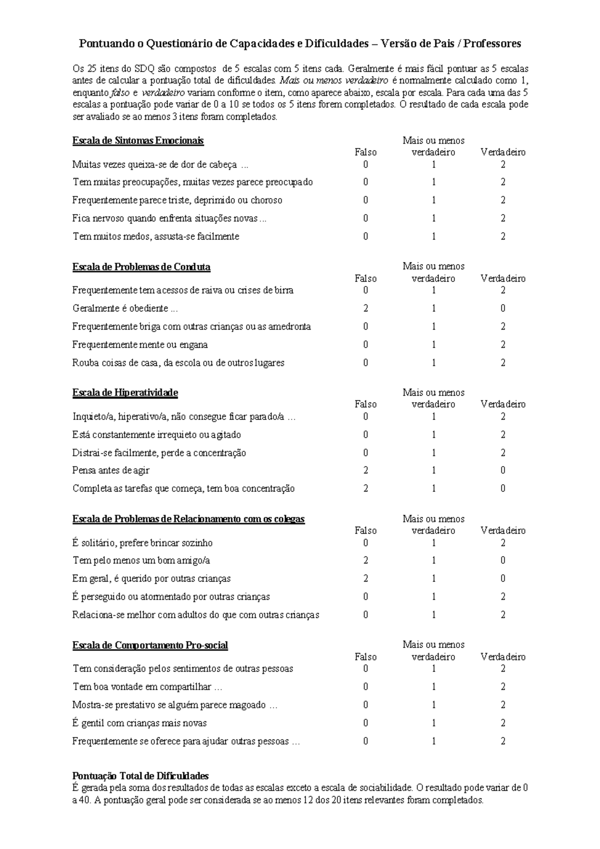SDQ - Questionário de Capacidades e Dificuldades para Pais e ...