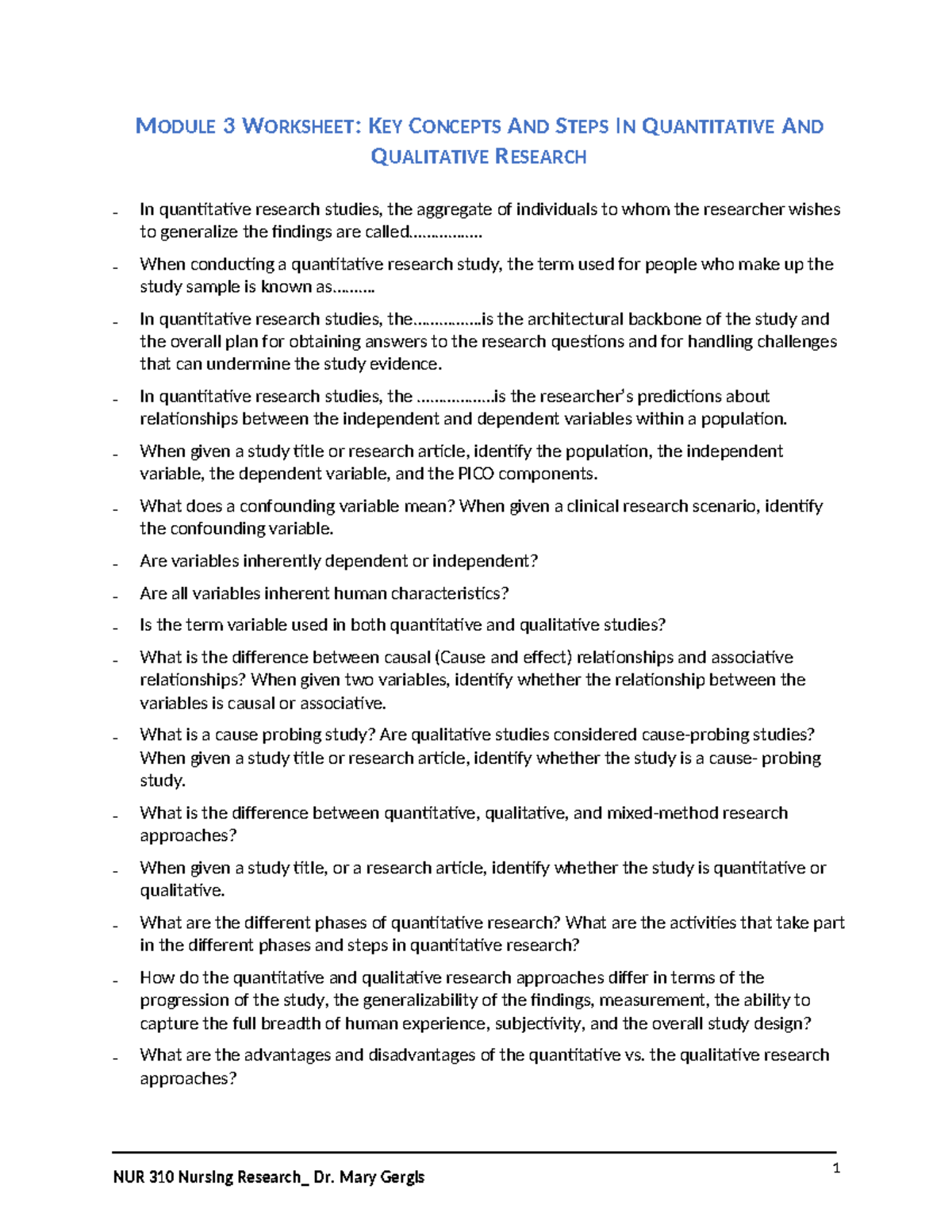 NUR 310 Module 3 Worksheet: Key Concepts in Research Methods - Studocu