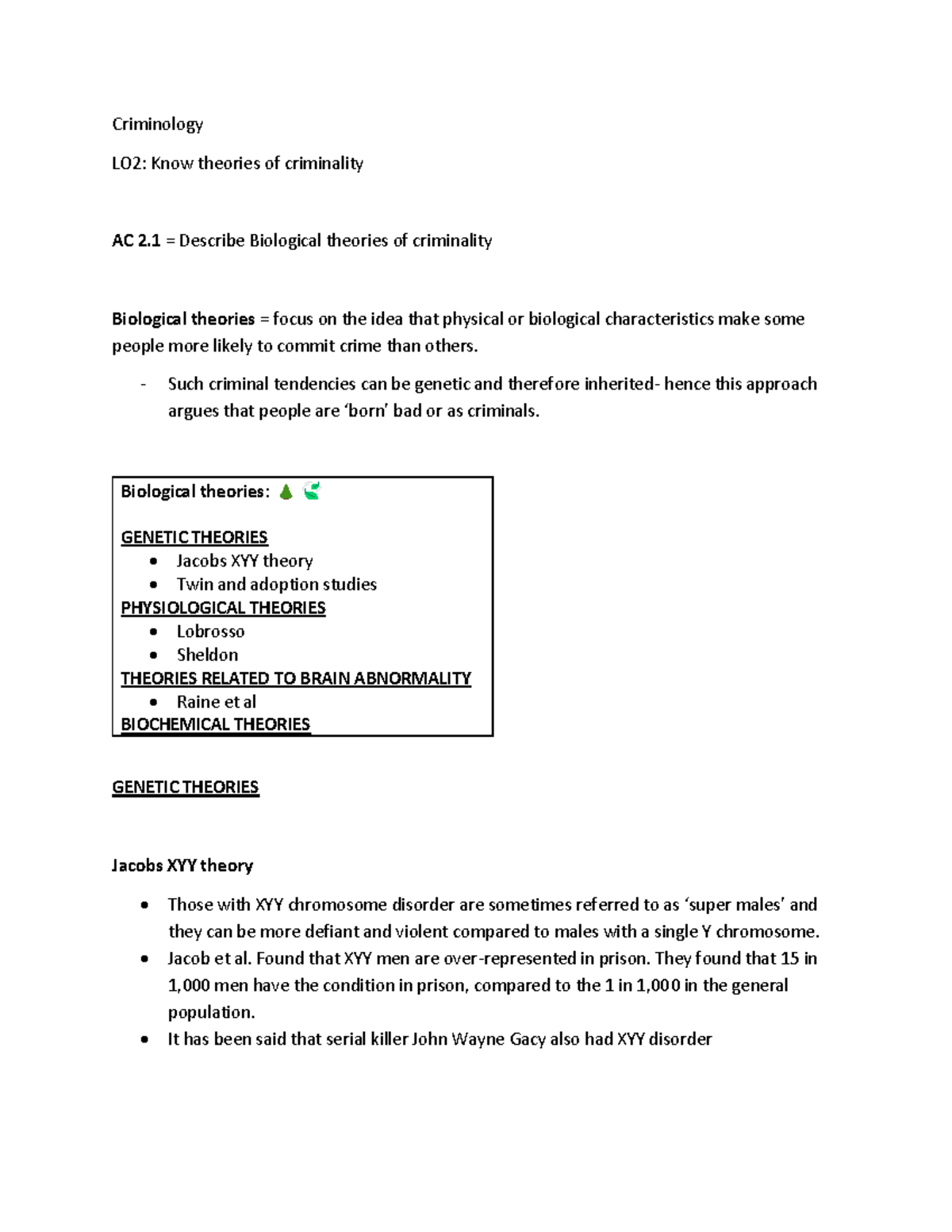 Criminology Unit 2: Biological Theories of Criminality Explained - Studocu