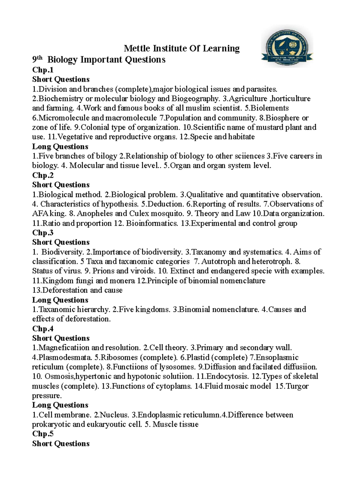 Mettle Institute of Learning 9th Biology Important Questions - Studocu
