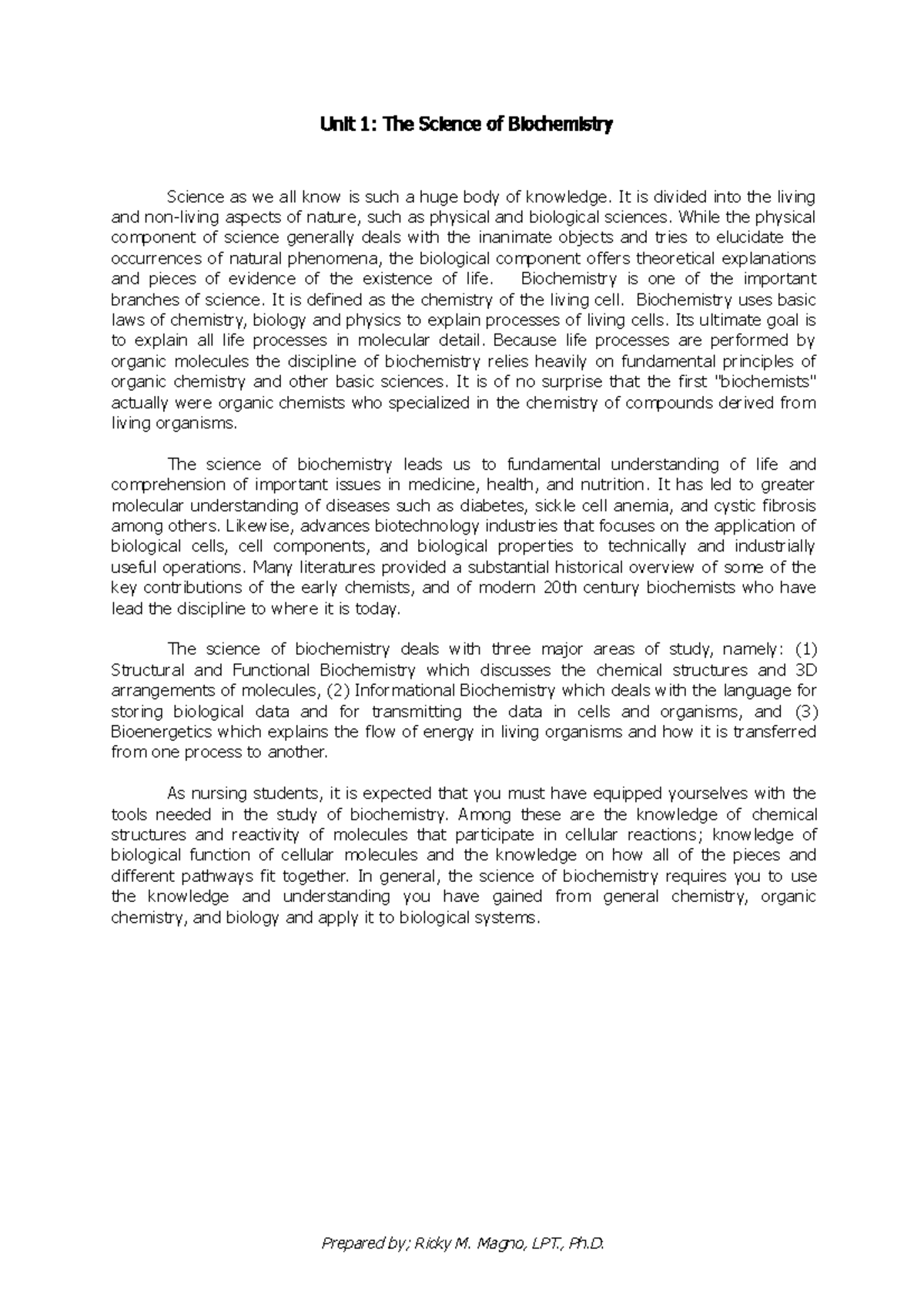 Biochem Unit 1 Lesson 1 Introduction to Biochemistry - for merge - Uni t 1: The Sc ience of Bioc ...
