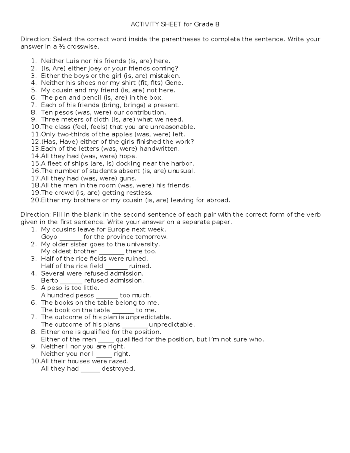 Grade 8 Activity Sheet: Completing Sentences with Correct Verb Forms ...
