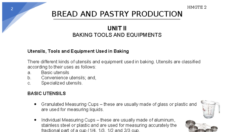 Baking Tools and Equipment Overview - HMGTE 2 Unit II - Studocu
