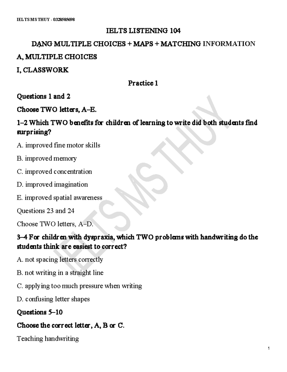 IELTS MS THUY 0328585698 Listening Practice: Multiple Choice ...