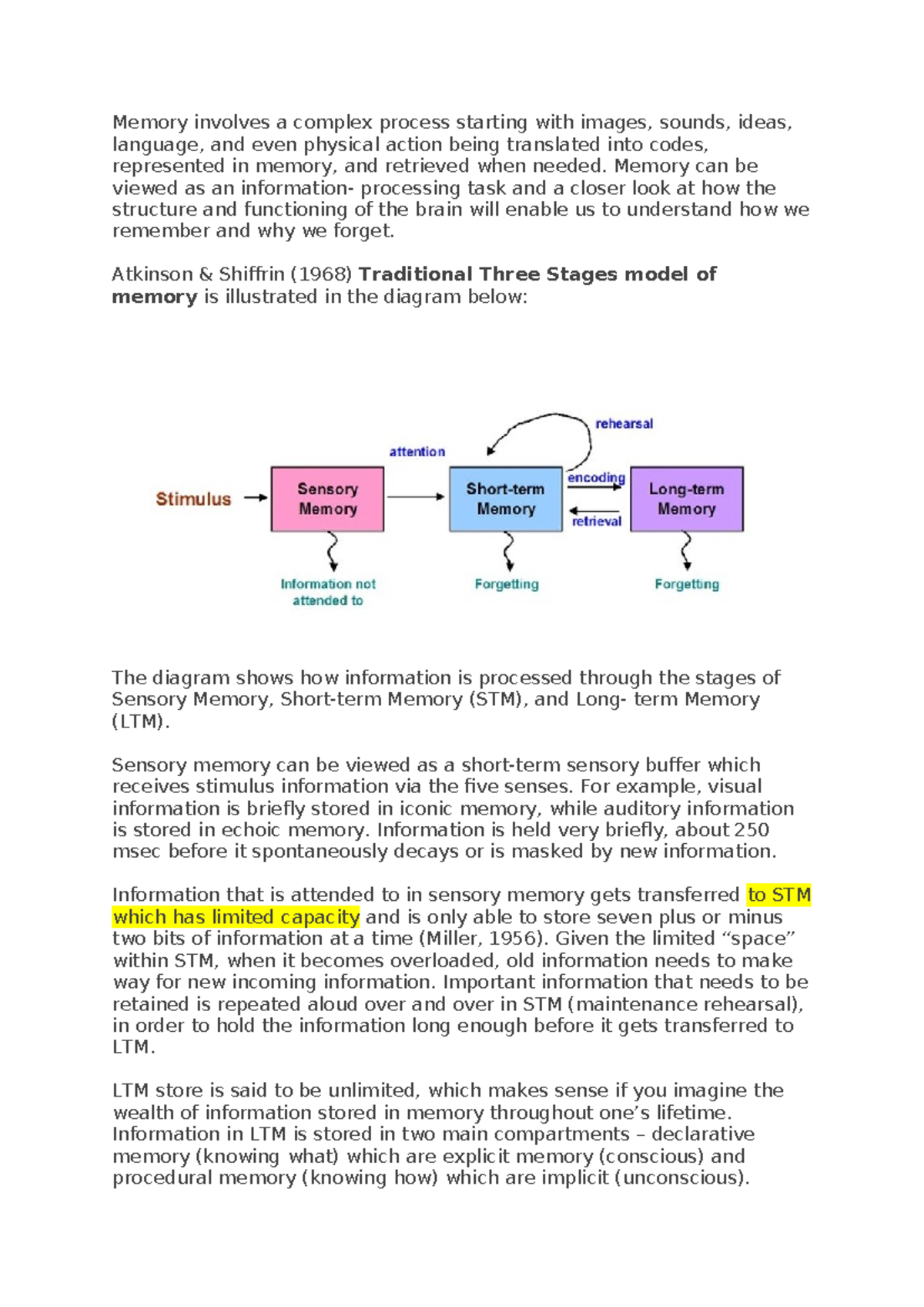 Memory notes PDF - Memory involves a complex process starting with ...