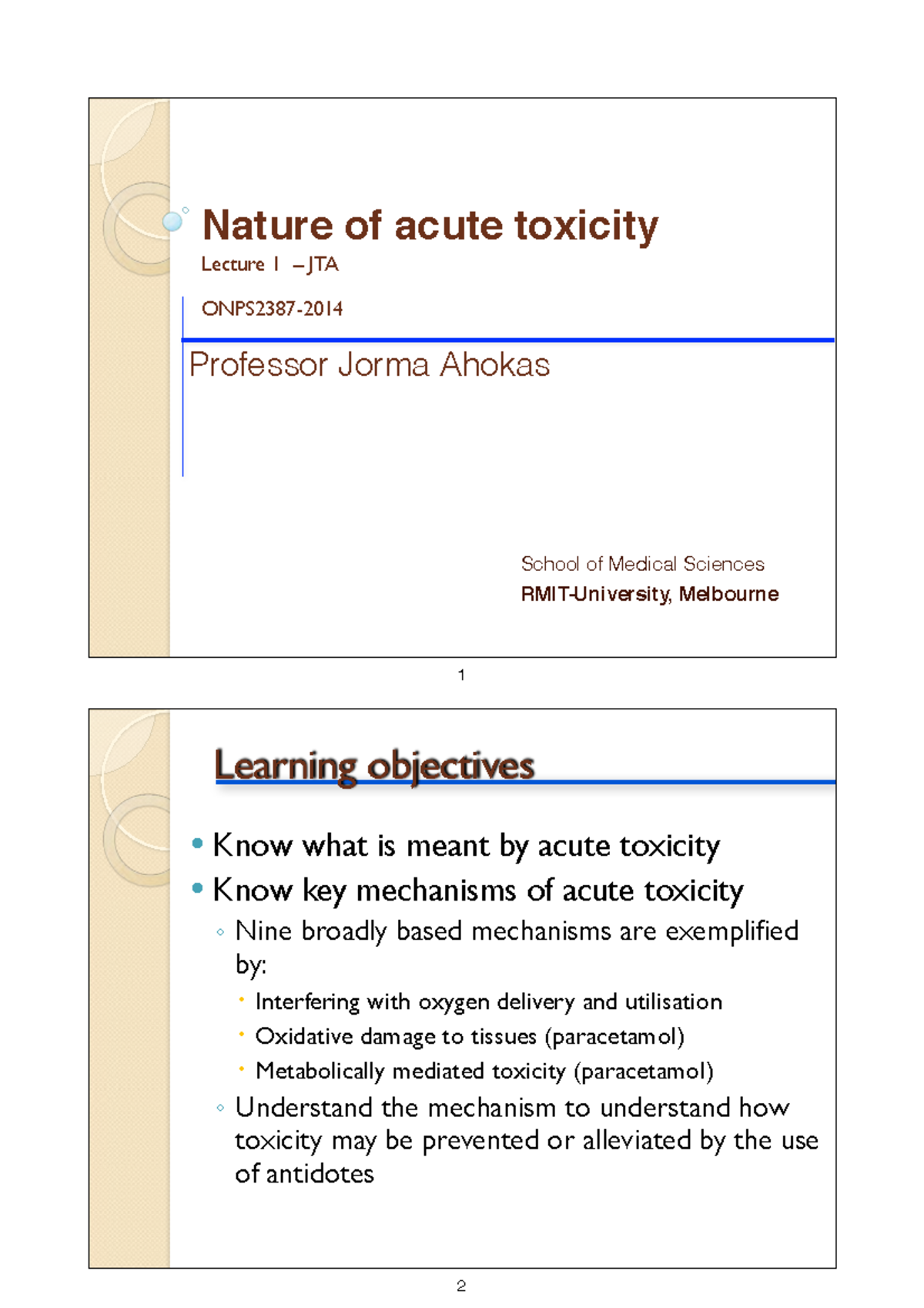 Lecture notes, Lecture 1, Nature of acute toxicity - Warning: TT: more ...