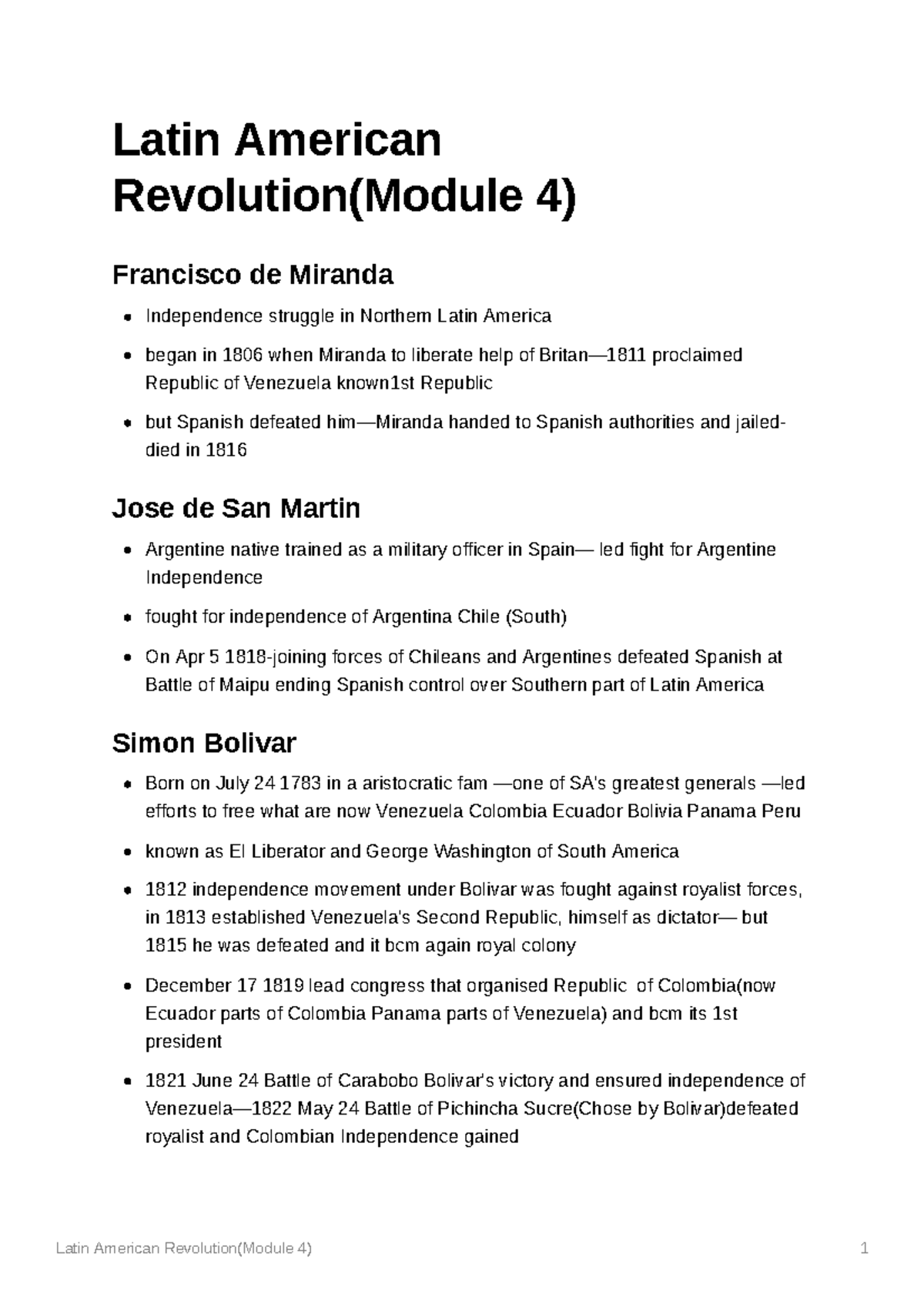 Latin American Revolution (Module 4): Key Figures & Outcomes - Studocu