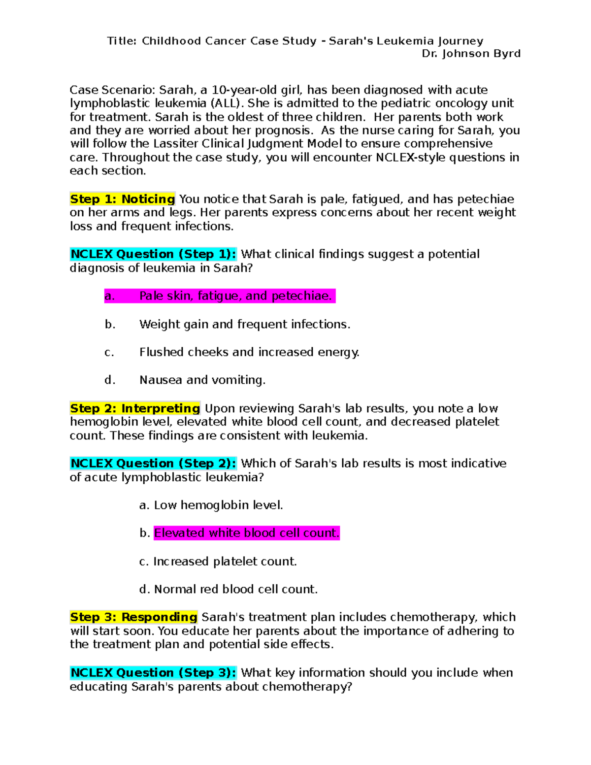 NGN Case Study: Sarah's Childhood Leukemia Journey and Care - Studocu