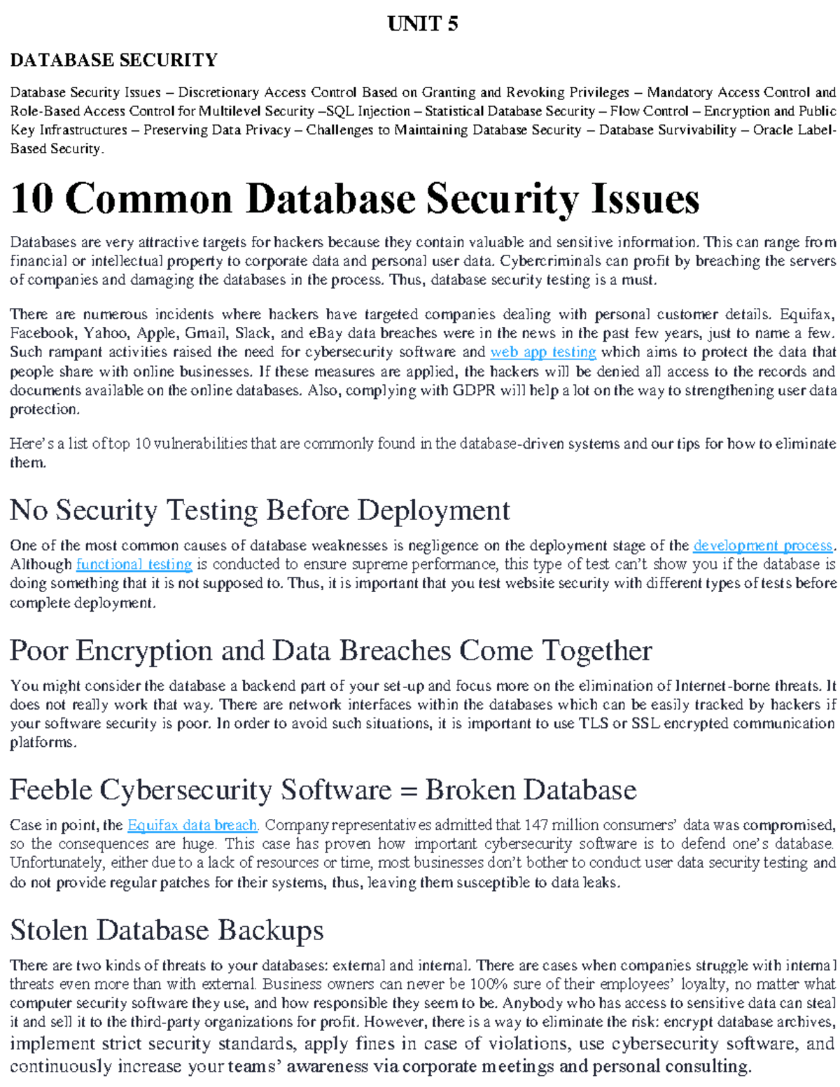 UNIT 5 DATABASE SECURITY: Key Issues, Access Control, and Privacy ...