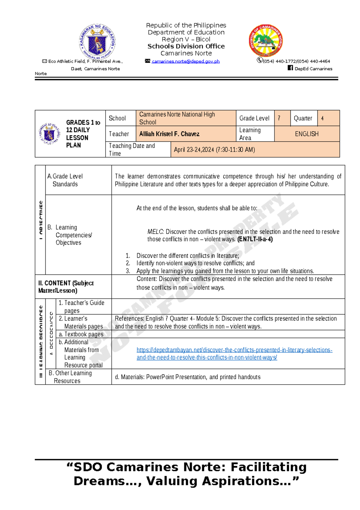 Lesson Plan for English 7: Understanding Conflict Resolution - Studocu