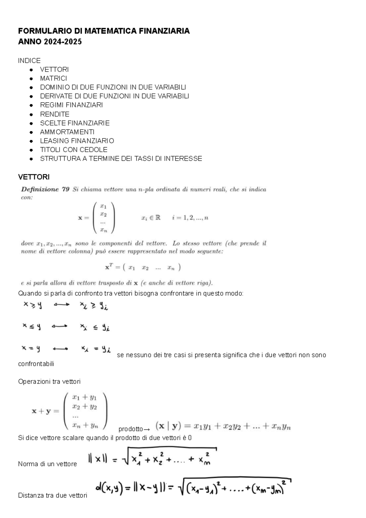 Formulario di Matematica Finanziaria: Vettori e Matrici - Studocu