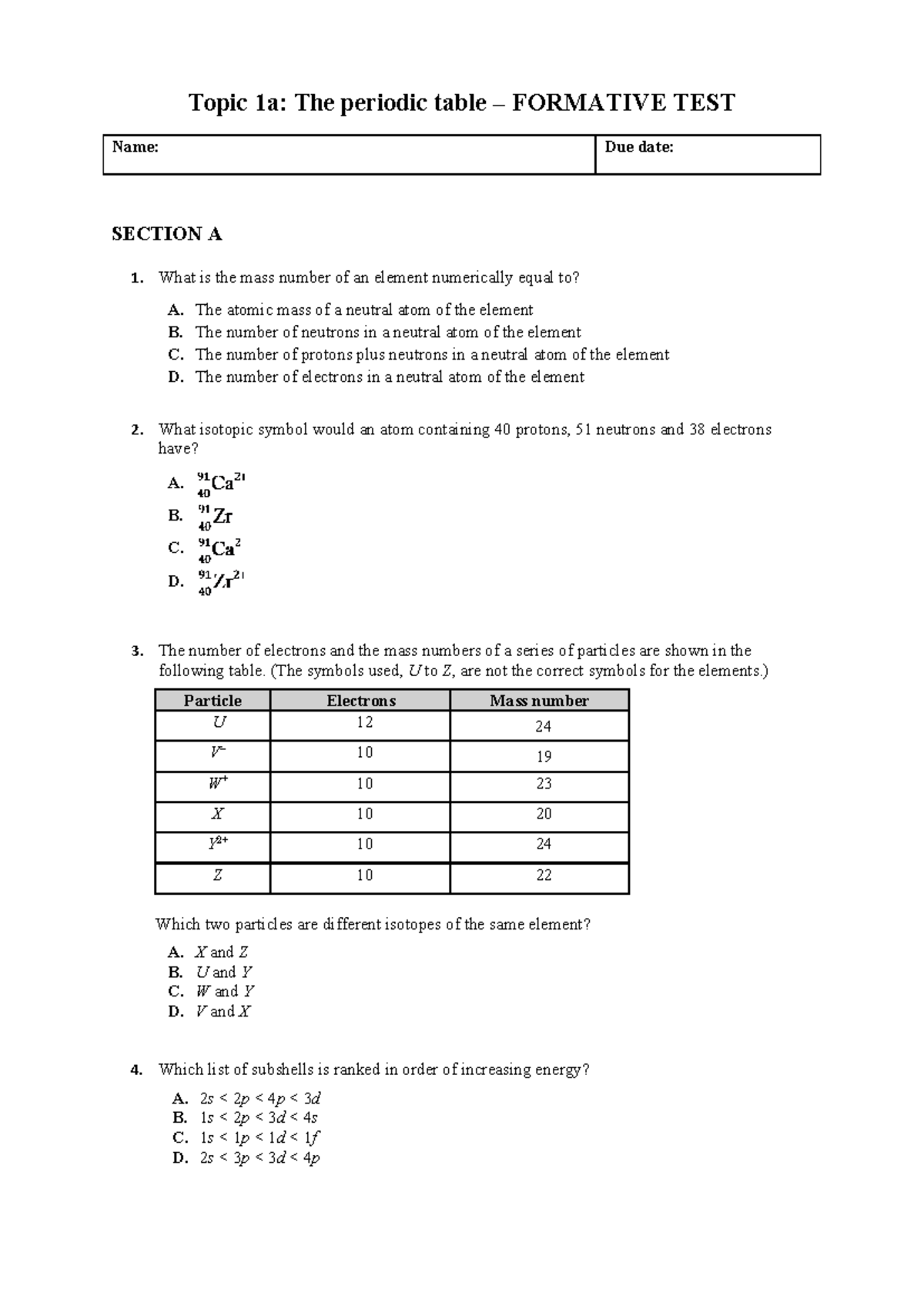 Topic 1a - Periodic Table Formative Assessment Questions - Studocu