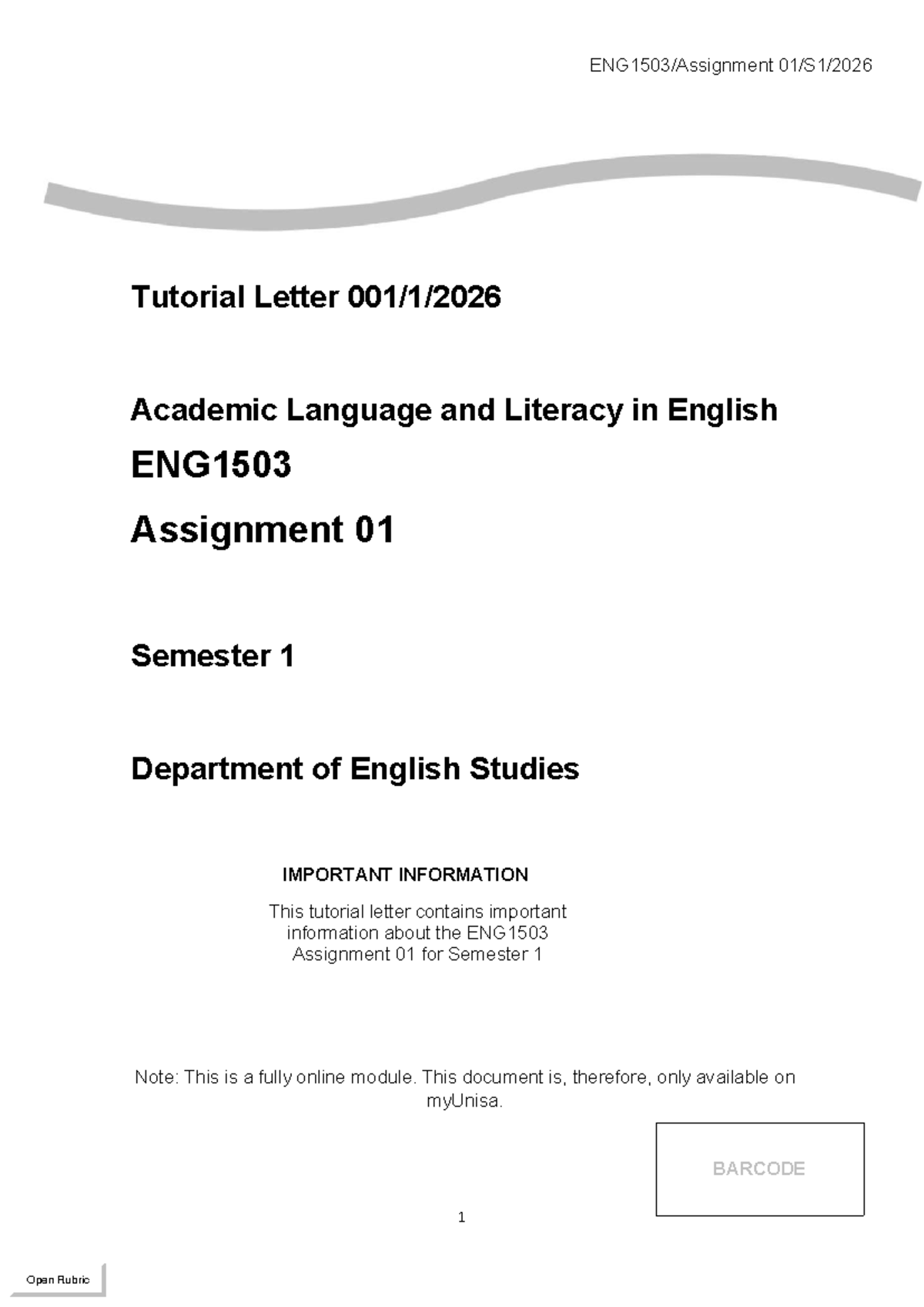 ENG1503 2026 Tutorial Letter: Assignment 01 Guidelines and Instructions ...