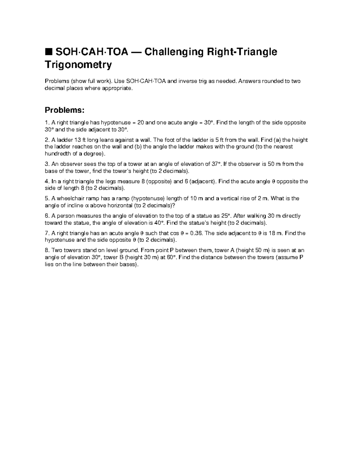 Sohcahtoa Trigonometry Problems (MATH 101) - Full Solutions - Studocu