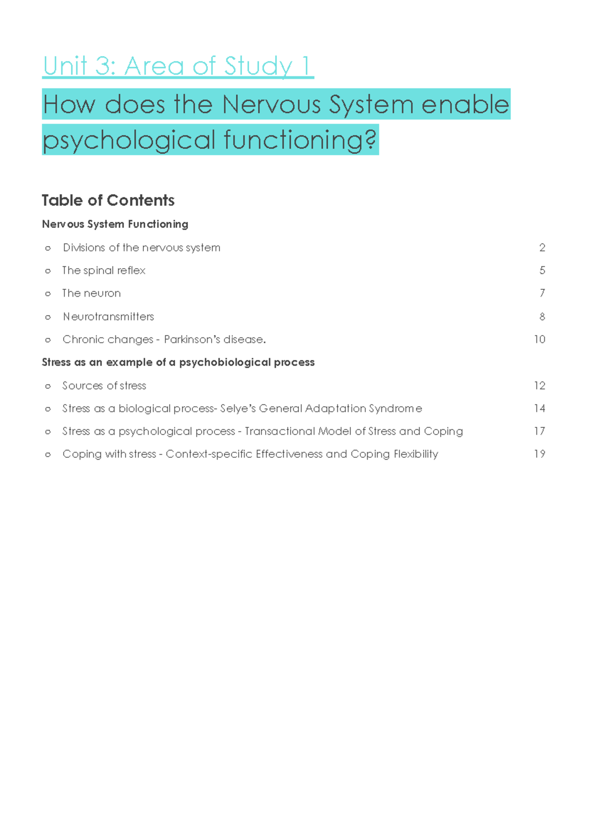 Unit 3 aos 1 notes - Unit 3: Area of Study 1 How does the Nervous ...