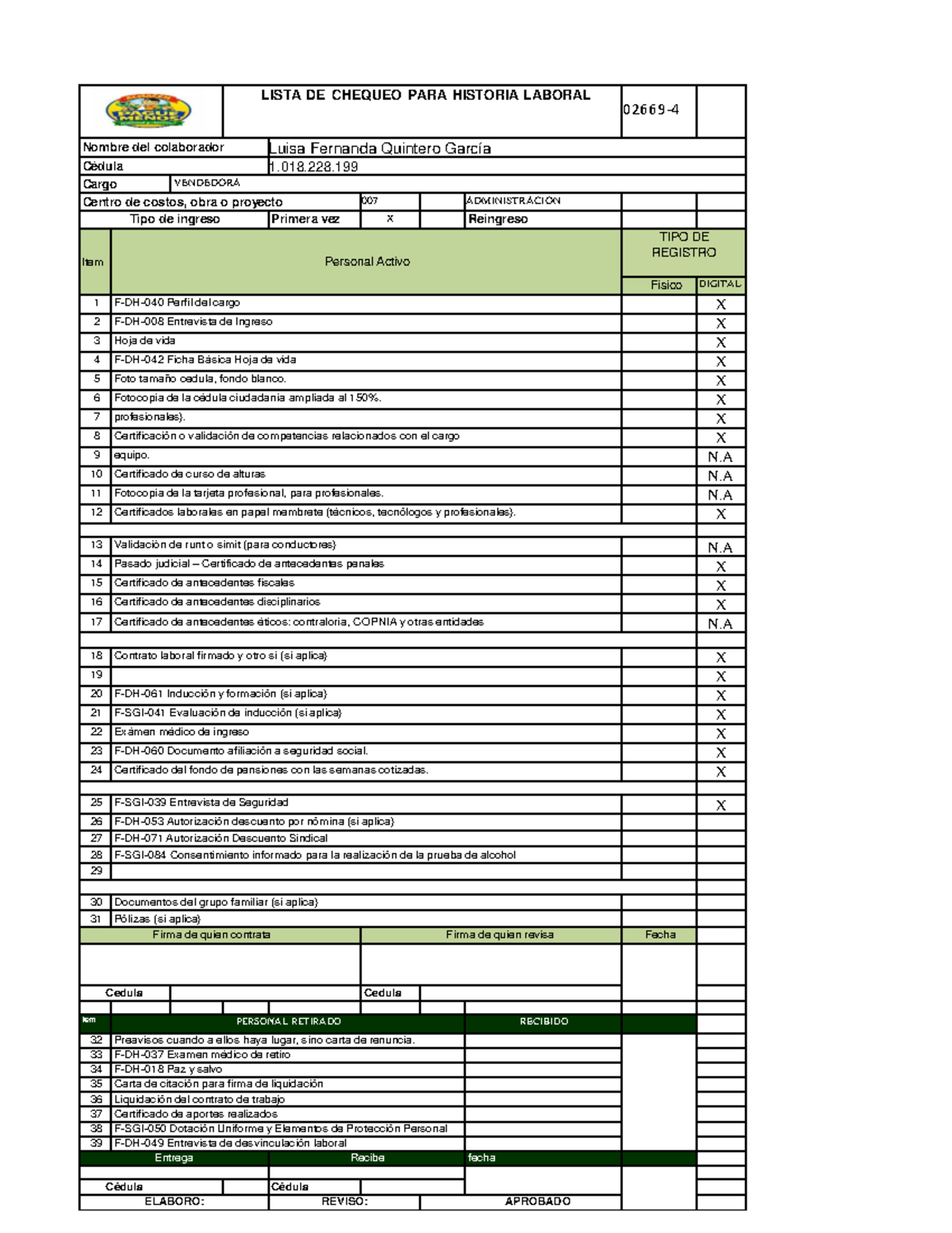 Lista de Chequeo para Historia Laboral - Luisa Quintero - Studocu