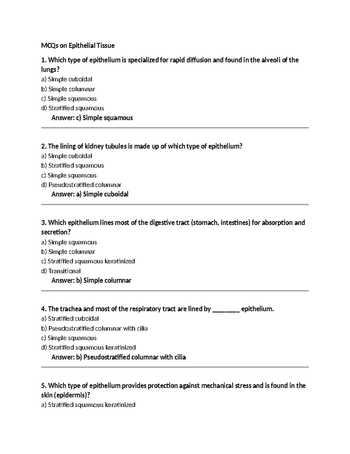 MCQs on Epithelial Tissue, Body Membranes, & Connective Tissue - Studocu