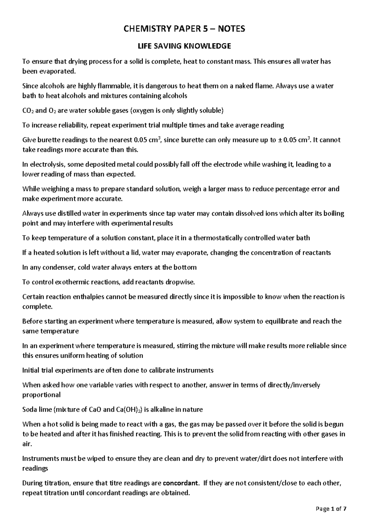 Chemistry - Paper 5 Final Exam Study Notes and Safety Guidelines - Studocu