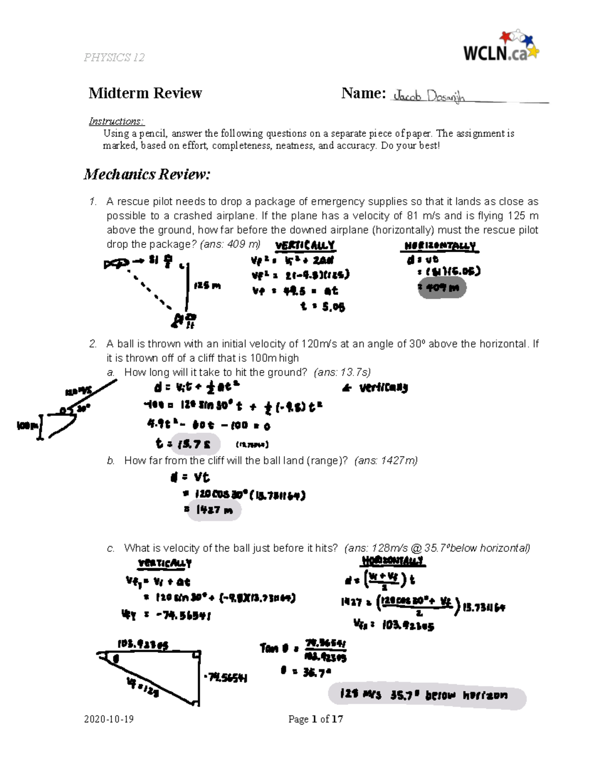 PHYSICS 12 Midterm Review Notes: Mechanics, Momentum & More - Studocu