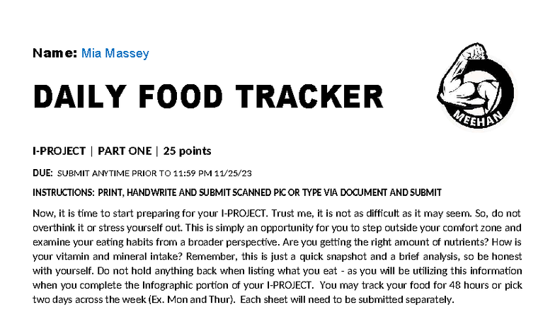 Nutrition Food Tracker Part One: Daily Log for 25 Points - Studocu
