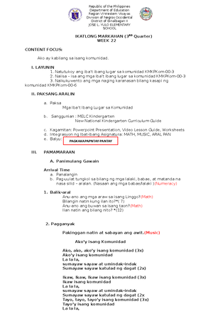 Pamantayan sa Pangkatang Gawain - Kinder lesson plan - Magpili sang ...