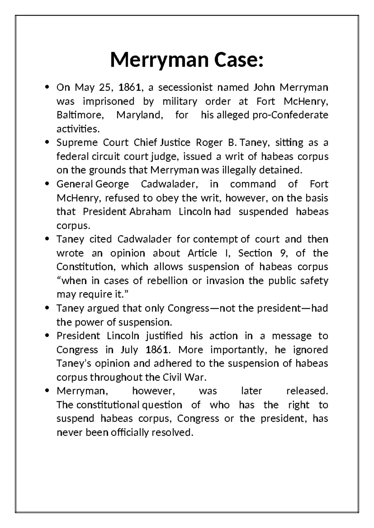 Northern Civil Liberty Suspensions: The Merryman Case Study - Studocu