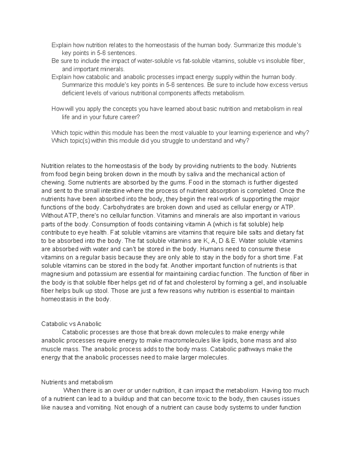 Module 7 Reflection: Nutrition's Role in Homeostasis & Metabolism - Studocu