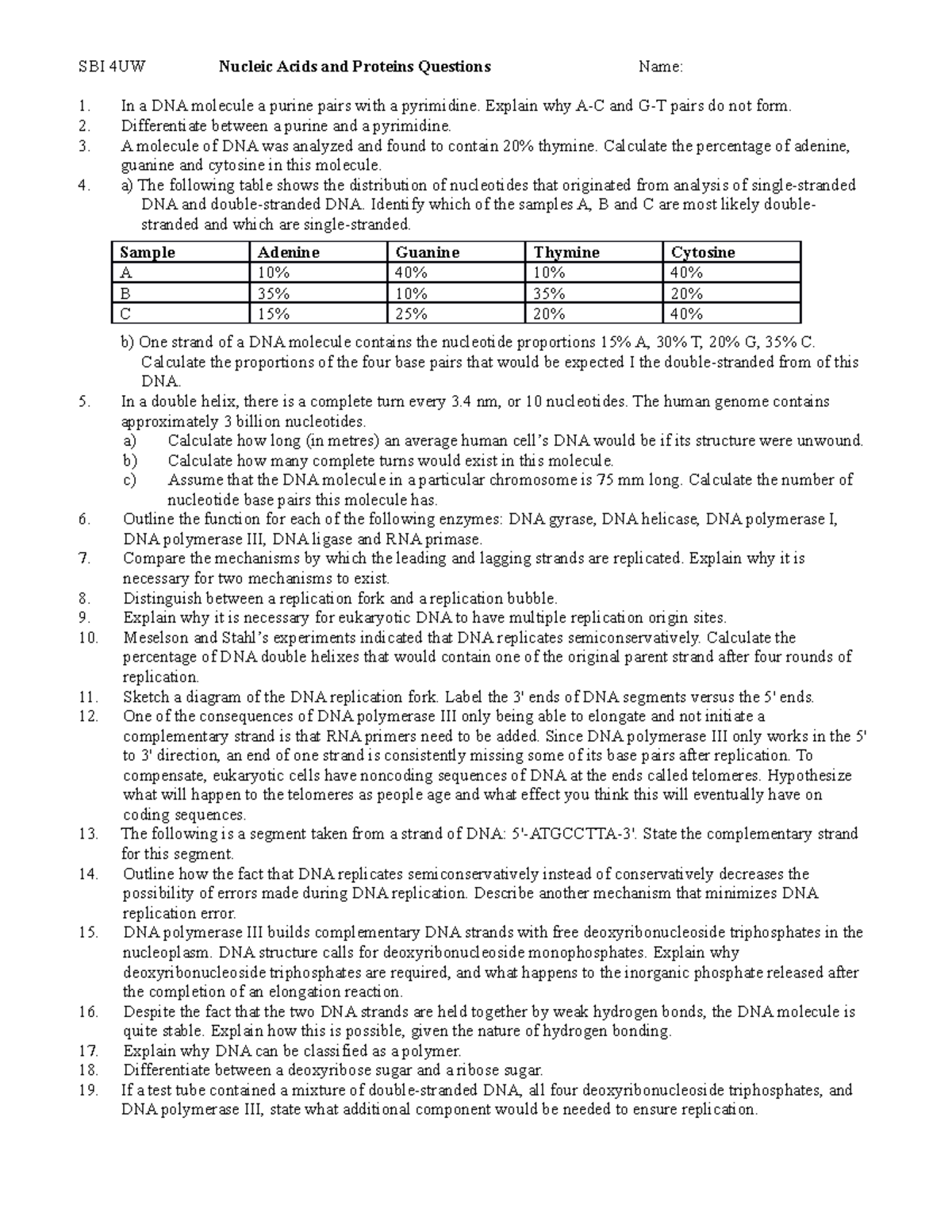 SBI 4UW Nucleic Acids and Proteins Study Questions and Answers - Studocu