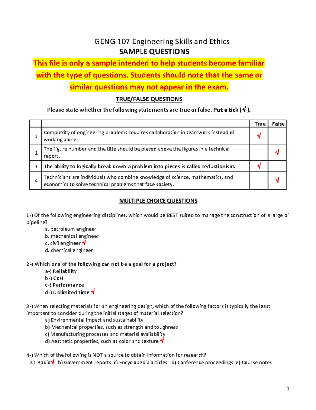 GENG 107 Engineering Skills & Ethics Sample Exam Questions - Studocu