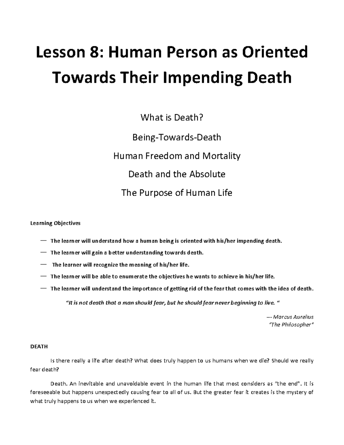 Lesson 8: Understanding Human Mortality and Freedom Towards Death - Studocu