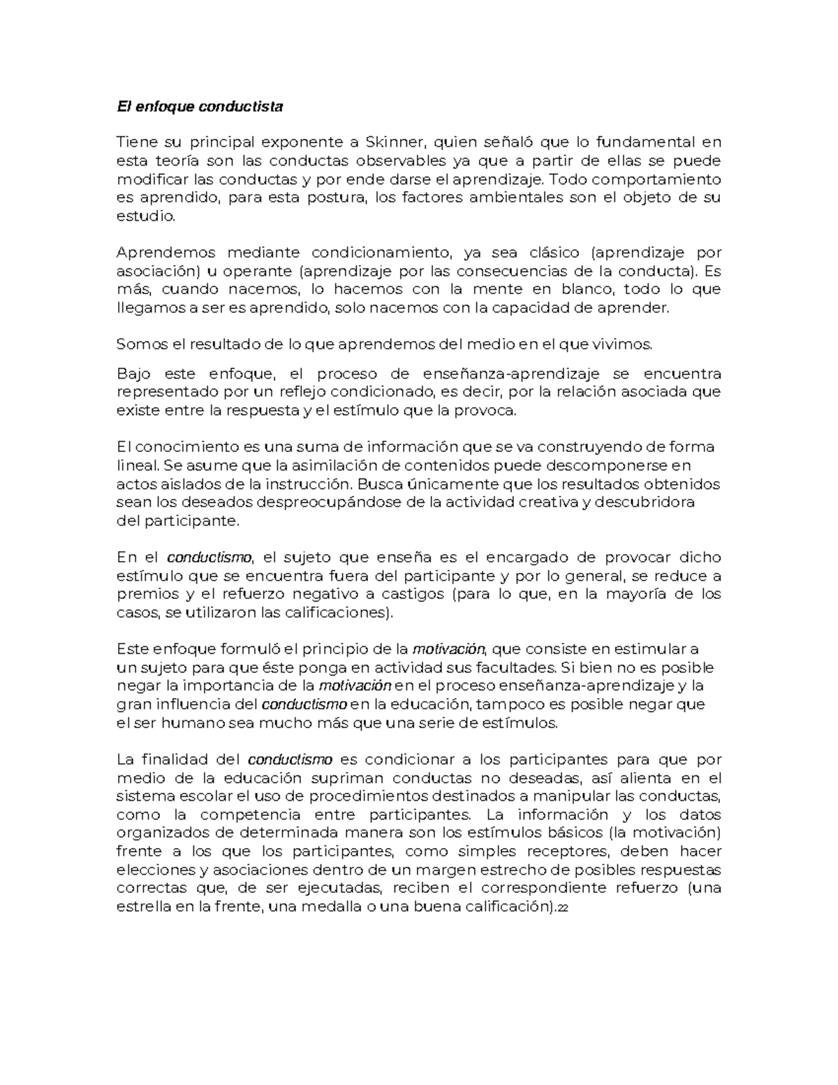 Enfoque Conductista: Descripción y Principios de Skinner - Studocu
