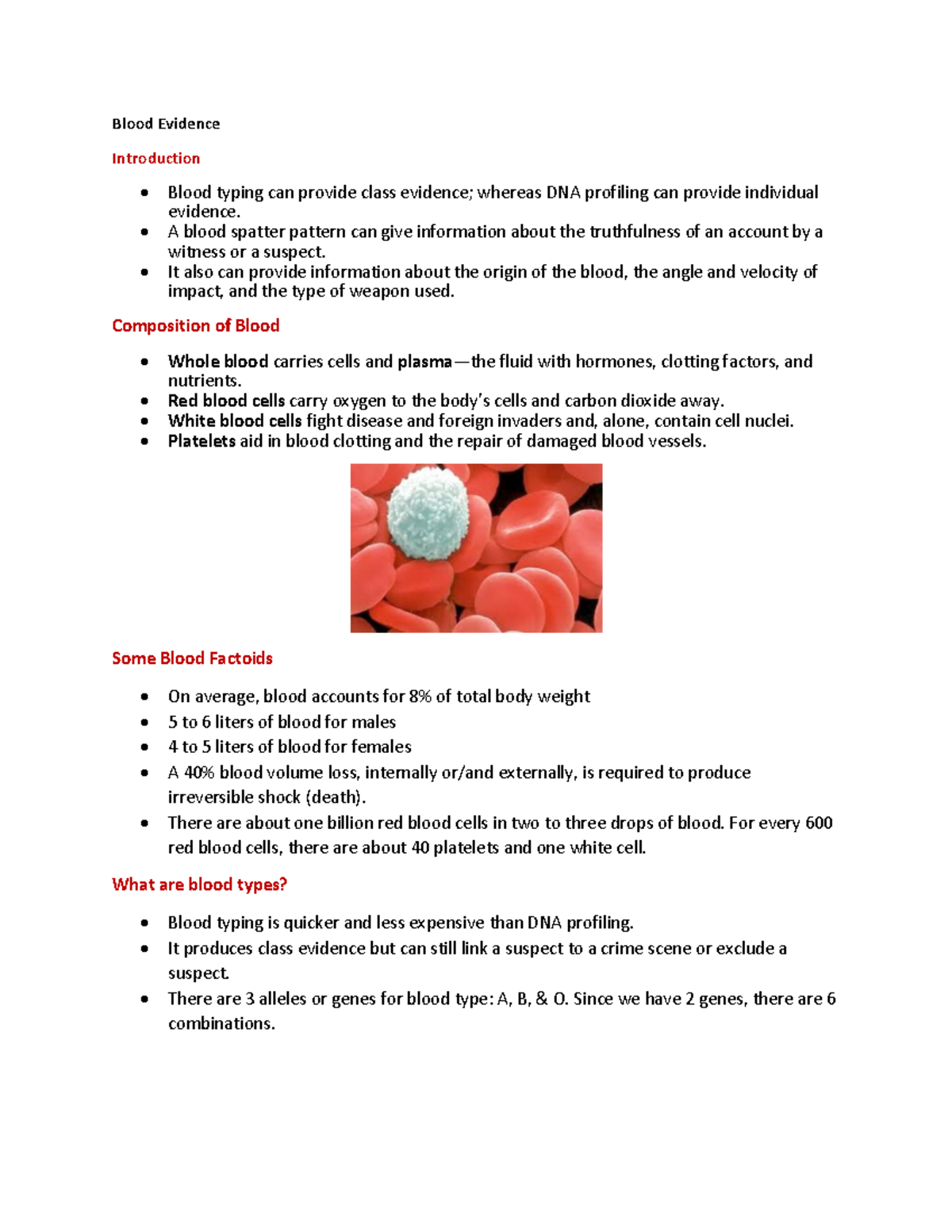 Blood Evidence Notes - Blood Evidence Introduction Blood typing can ...