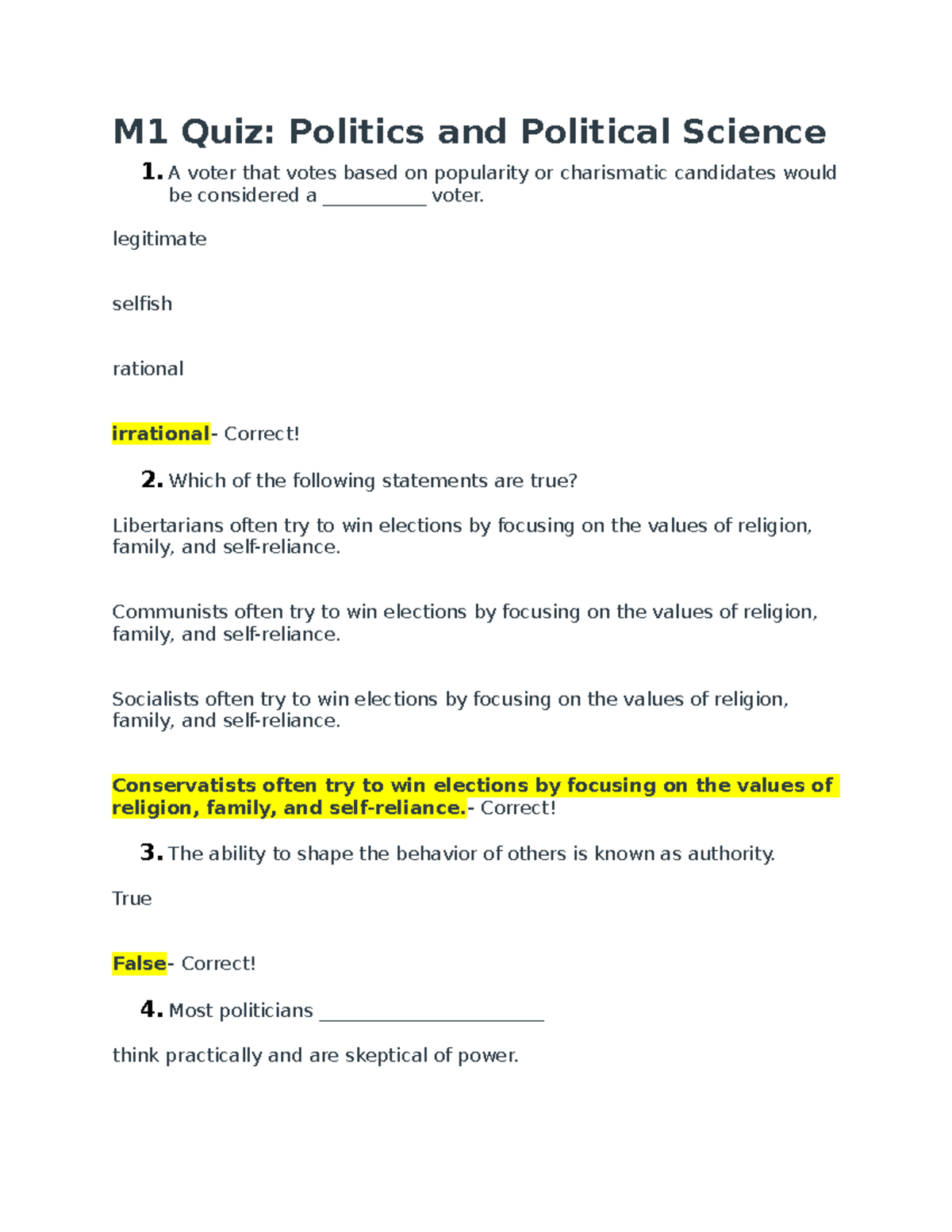 M1 Quiz: Key Concepts in Politics and Political Science - Studocu