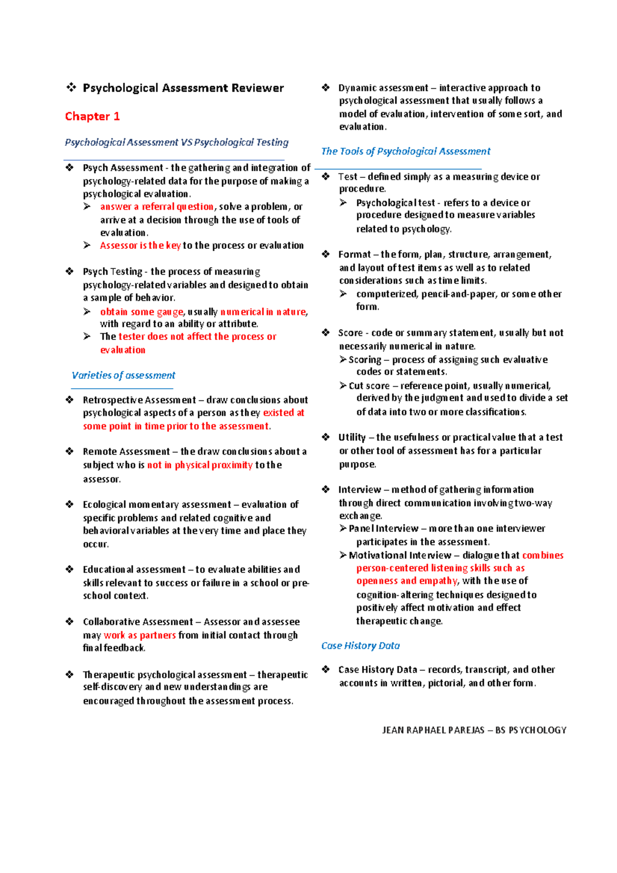 Psychological Assessment: Chapters 1-3 Comprehensive Reviewer - Studocu