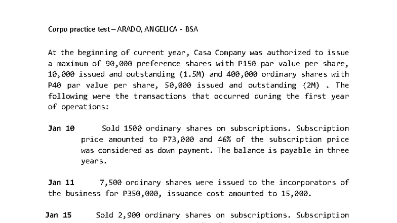 Corporation Journal Entry Practice Test ARADO, ANGELICA BSA - Studocu