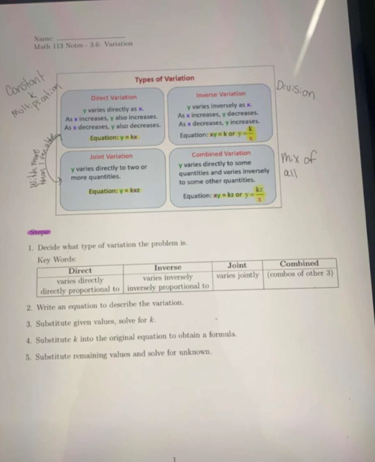 Math 113 part 12 - Notes for math 113 - Examples: If r varies directly ...