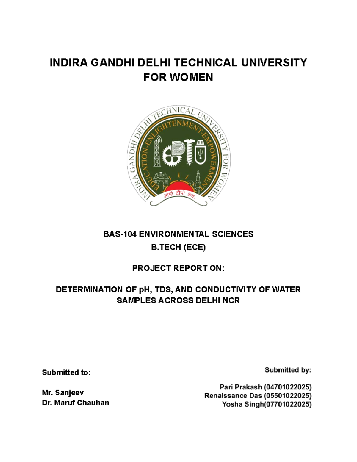 B.TECH (ECE) EVS Project Report: pH, TDS & Conductivity Analysis in ...