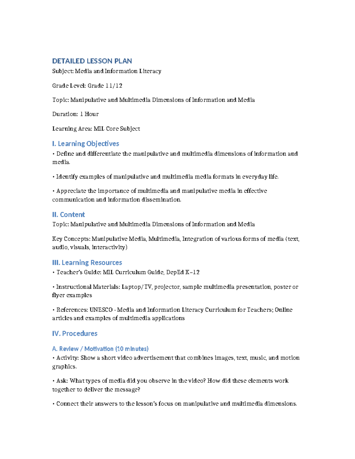 Detailed Lesson Plan: MIL on Manipulative & Multimedia Dimensions - Studocu