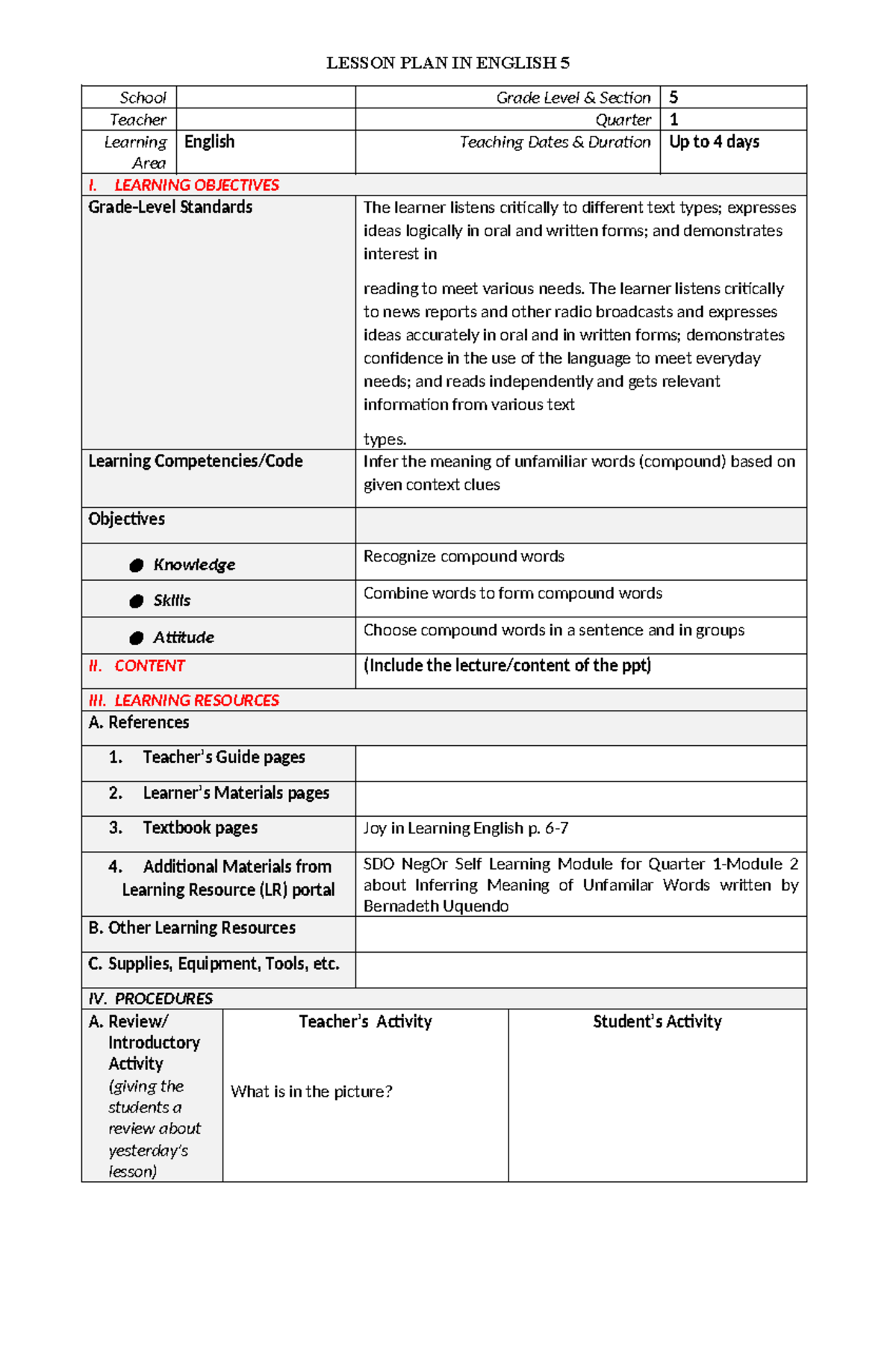 Detailed Lesson Plan for English 5: Exploring Compound Words TLEG - Studocu