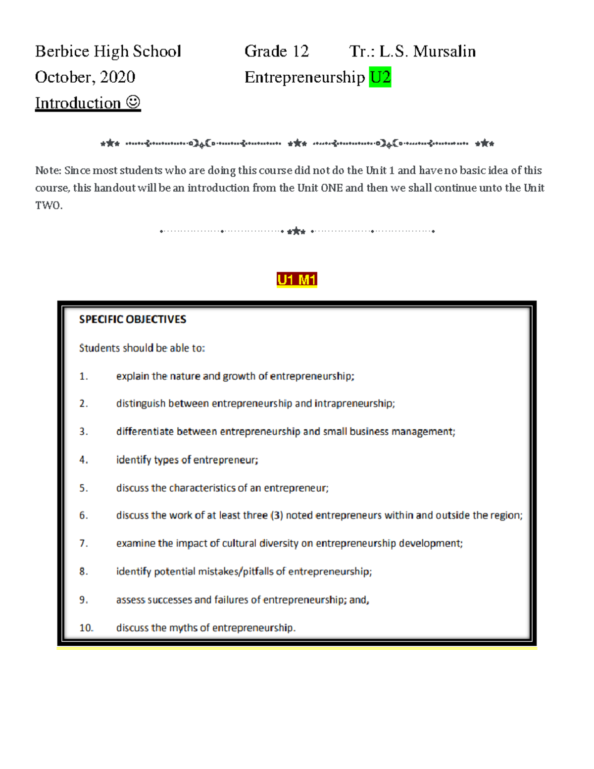 Introduction to Entrepreneurship with Assignment - Berbice High School ...