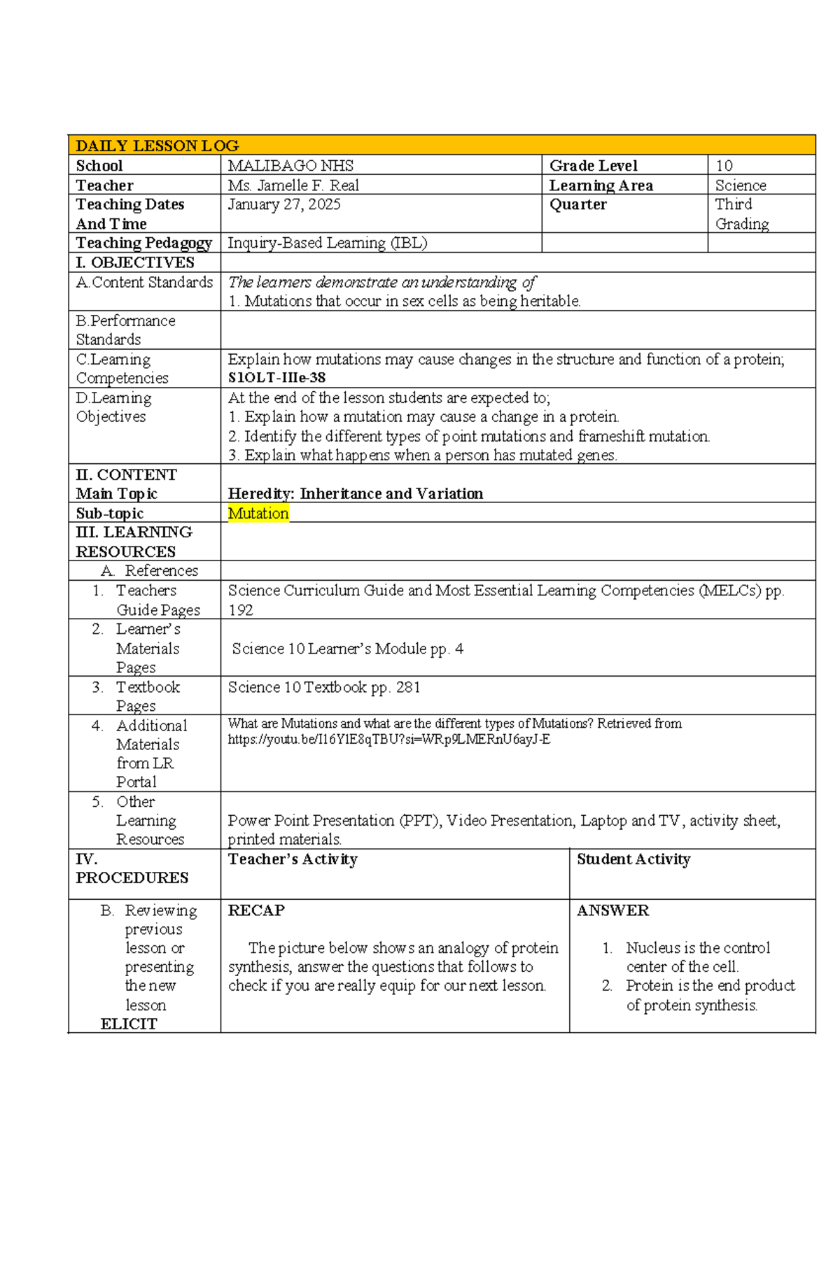 LP Mutation - DAILY LESSON LOG School MALIBAGO NHS Grade Level 10 ...