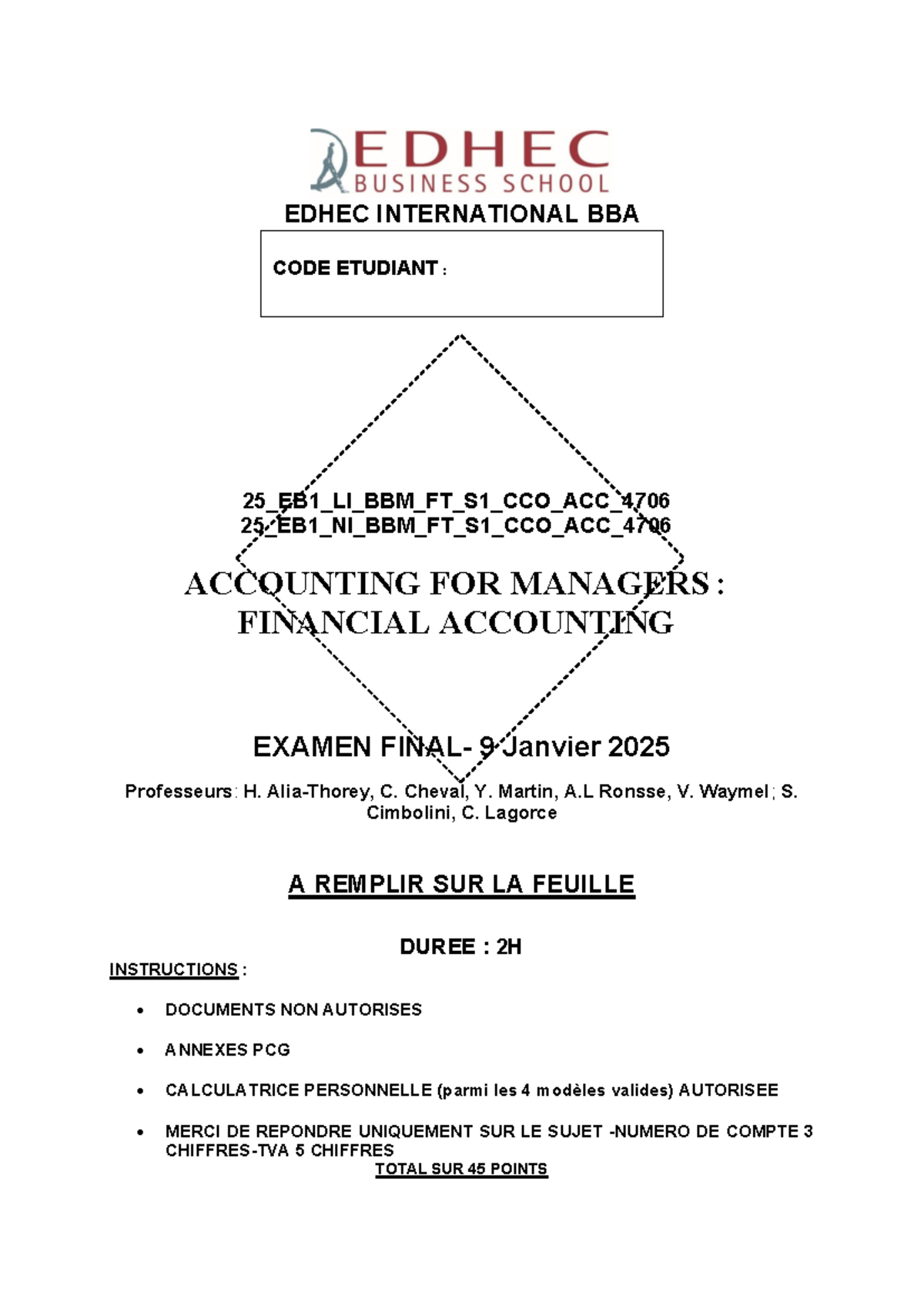 EDHEC BBA ACC_4706 Exam: Accounting for Managers - 9 Jan 2025 - Studocu