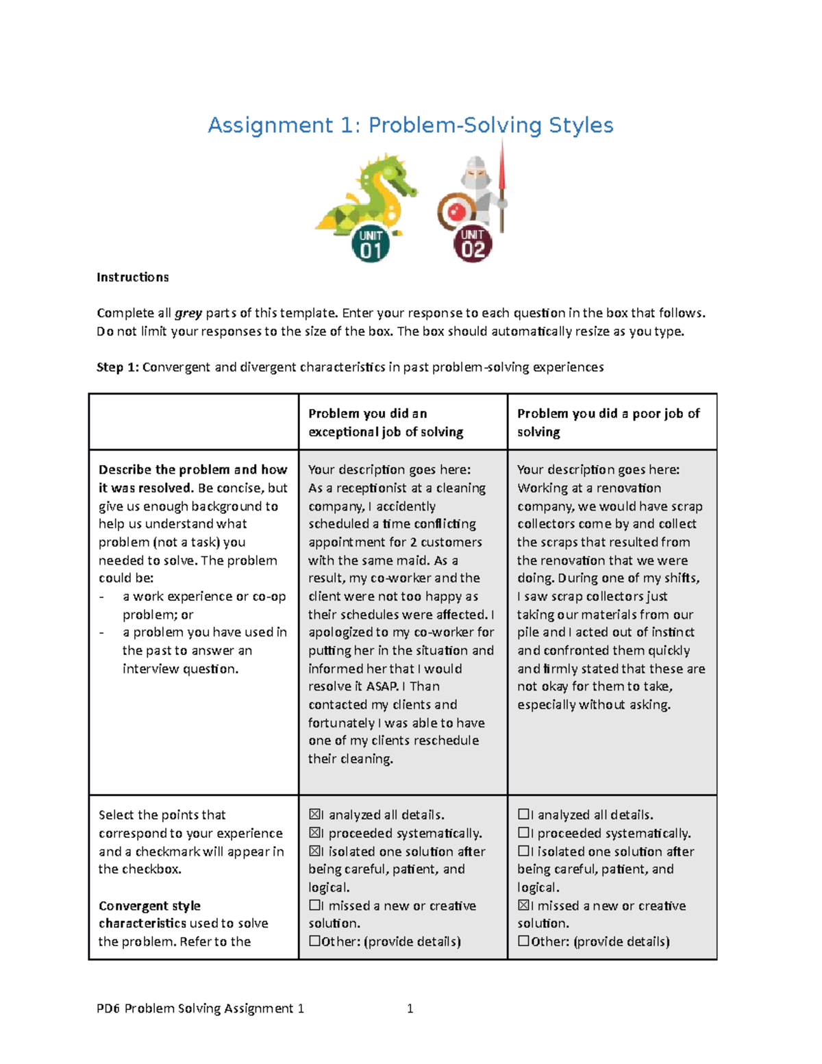 Assignment 1: Problem-Solving Styles Template & Responses - Studocu