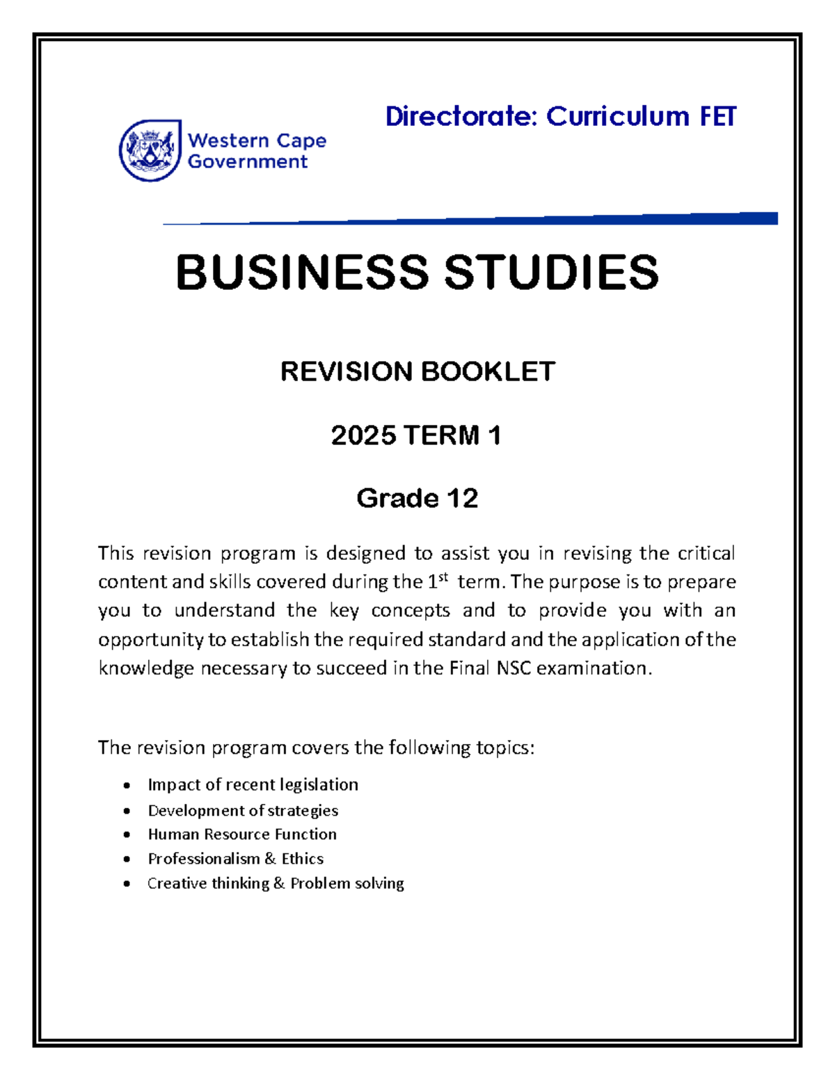 2025 Term 1 Gr 12 BSTD Revision Booklet for Final NSC Exam - Studocu